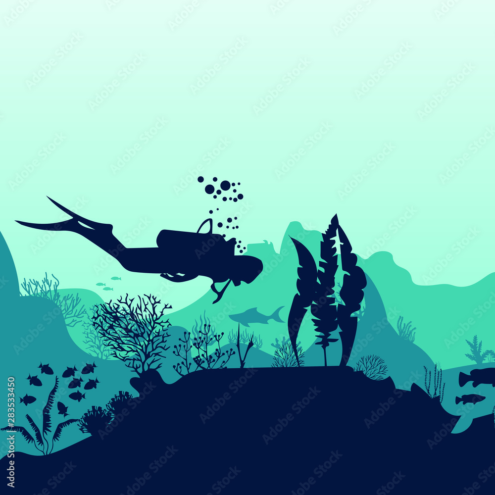 Silhouette of fish and algae on the background of reefs. Underwater ...