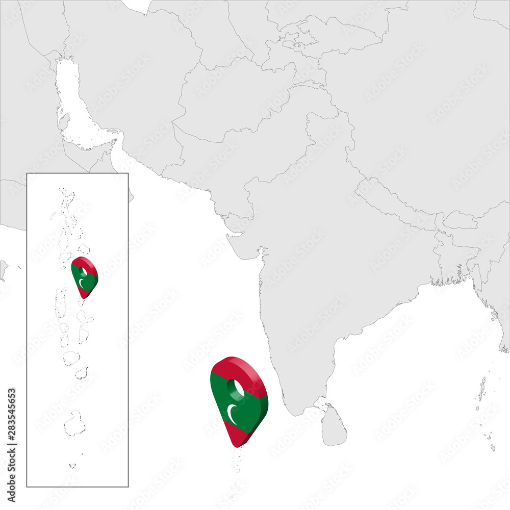 Maldive Location Map on map South Asia. 3d Maldives flag map marker ...