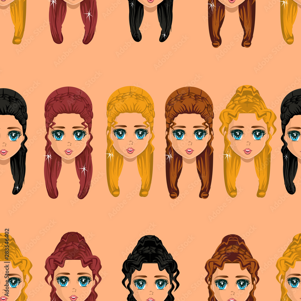 Anime style seamless pattern girls with different hair color and ...