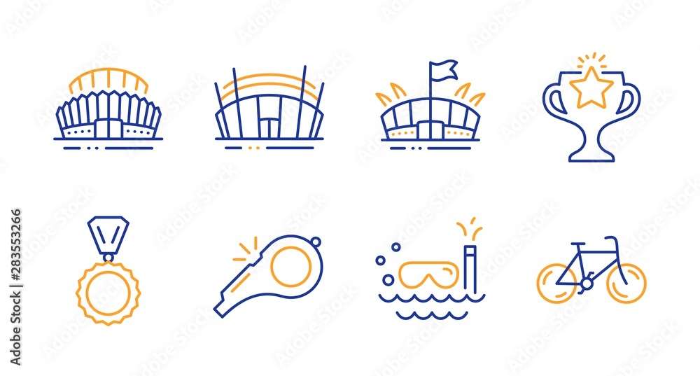 Arena stadium, Arena and Sports stadium line icons set. Victory, Scuba ...