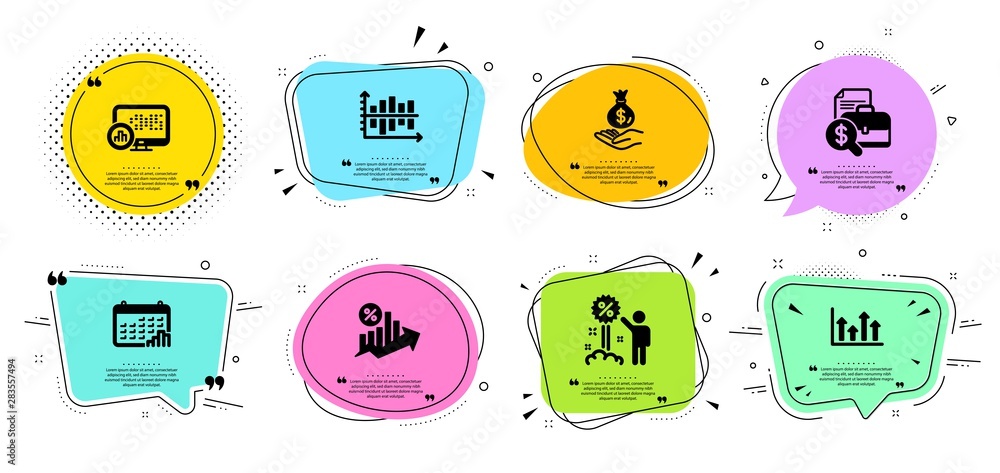 Diagram chart, Upper arrows and Discount line icons set. Chat bubbles ...