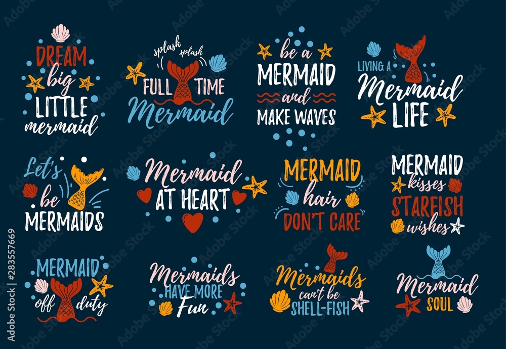 Mermaid quotes with doodles set vector illustration. Inspirational ...
