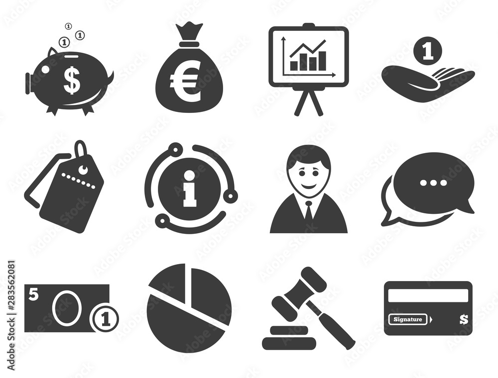 Piggy bank, credit card and auction signs. Discount offer tag, chat ...