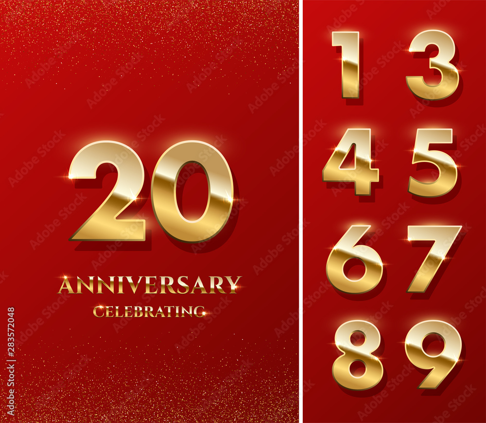 20 golden numbers and Anniversary Celebrating text on red background ...