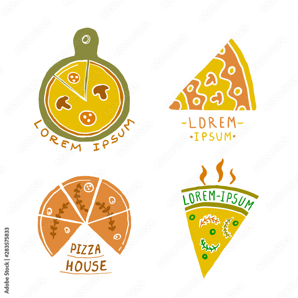 Pizza logos collection, art hand drawn vector pizza symbols, doodle ...