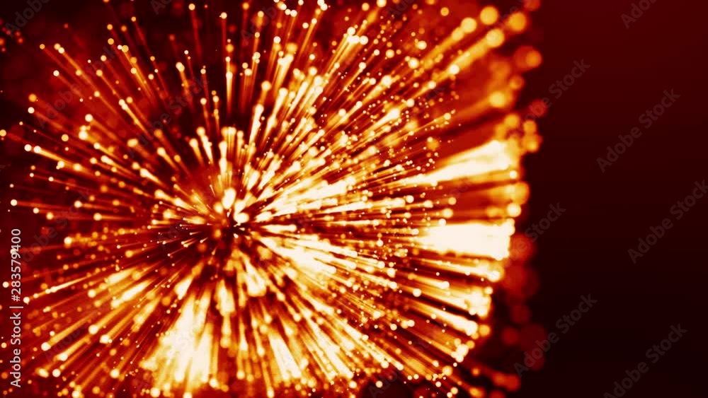 4k 3d animation of red yellow glowing particles float in viscous liquid ...