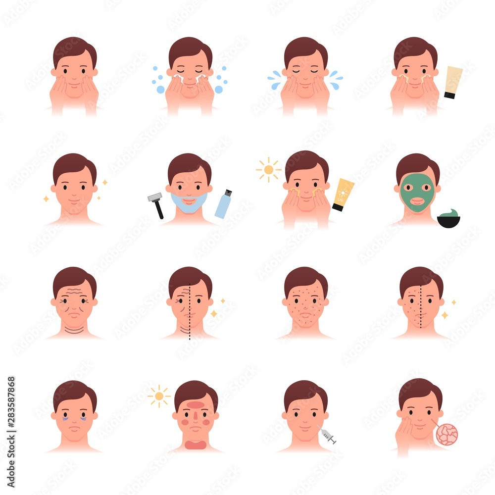 Men skin problems and care, beauty treatment vector icons set, flat ...