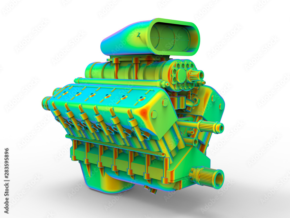 3D rendering - large V12 engine finite element analysis Stock ...