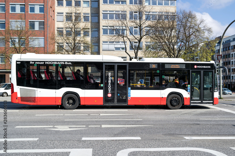 HAMBURG, GERMANY - APRIL 9, 2019: Hochbahn bus. The Hamburger Hochbahn ...