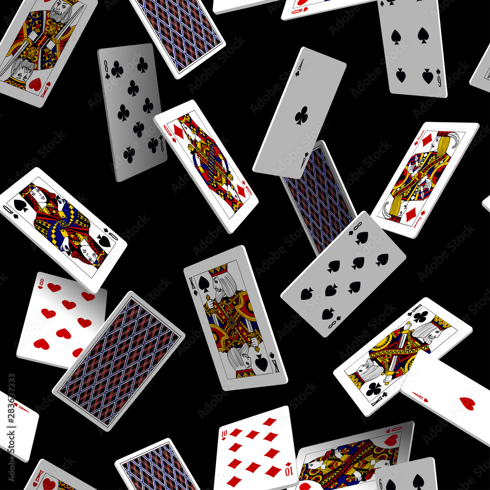 Falling playing cards seamless pattern isolated on black backgroun ...