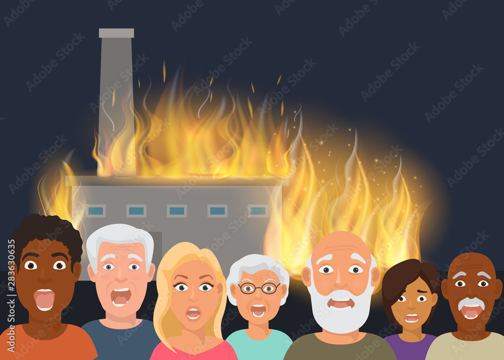 House on fire and scared faces vector illustration. Burning building at ...