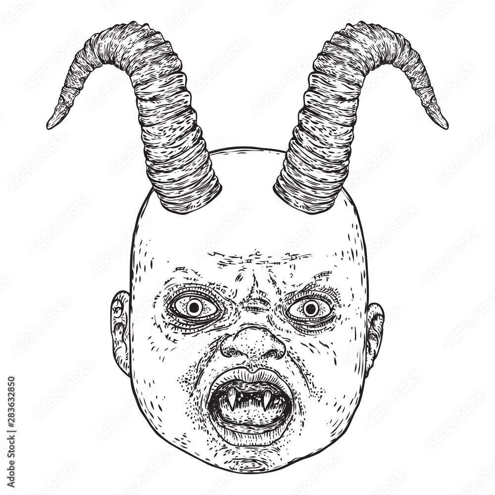 Baby demon with horns hand drawing. Fangs and teeth monster face ...