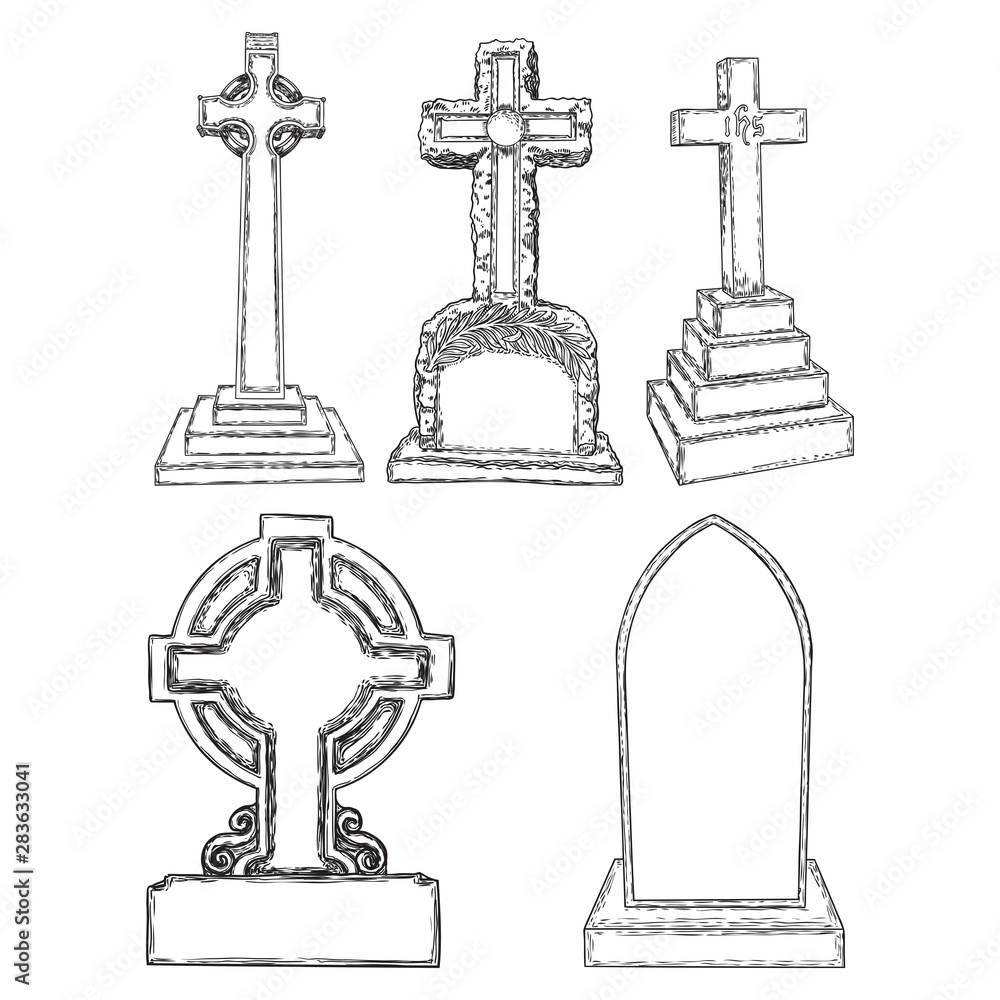 Set of tomb stone drawing. Grave for dead as Halloween tombstones prop ...