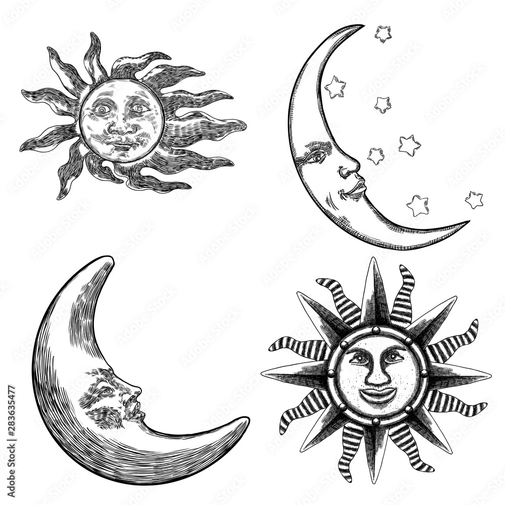 Set of hand drawn art sun and crescent moon with human face. Flash ...