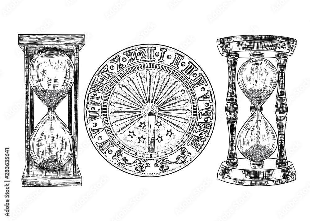 Set of sundial or sun clock and hourglass or sand clock drawing. Hand ...