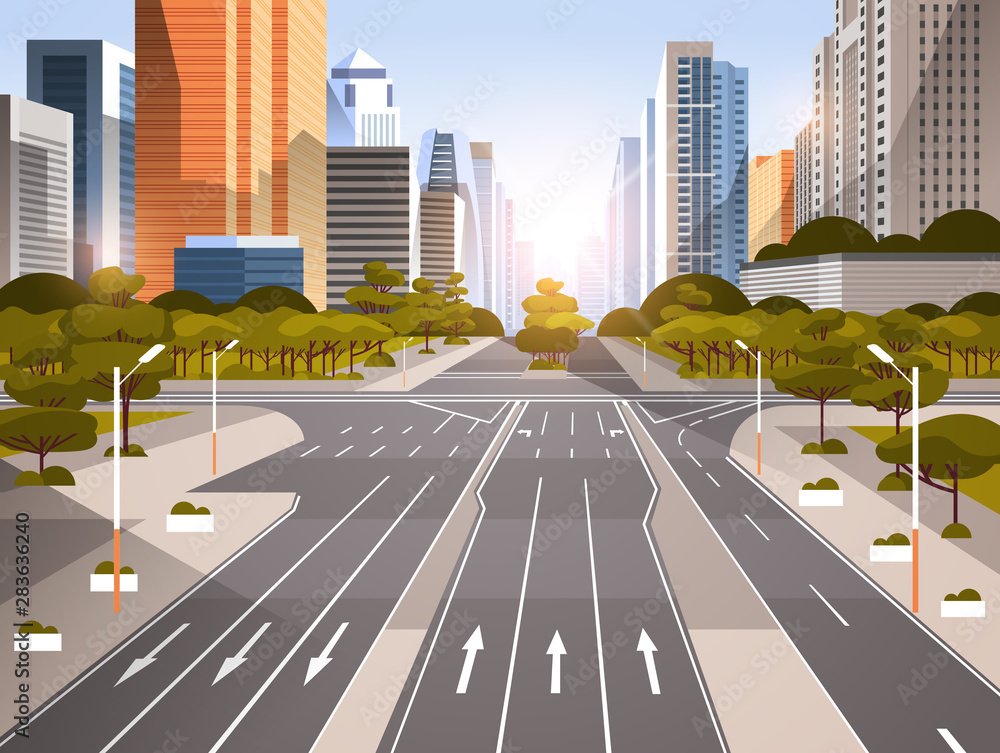 highway asphalt road with marking arrows traffic signs city skyline ...