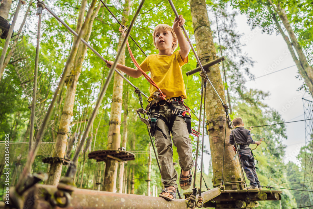 Little boy in a rope park. Active physical recreation of the child in ...
