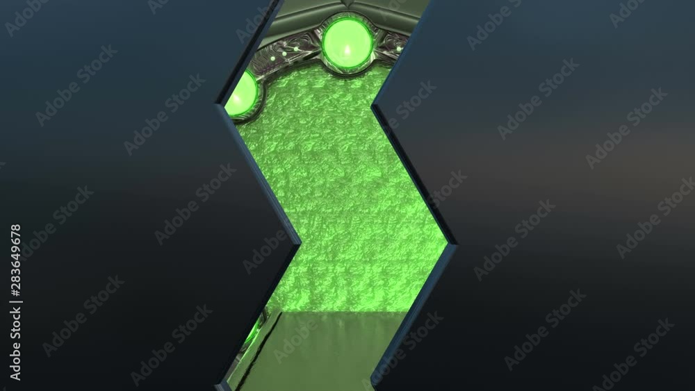 Iron hatch opens panoramic view to the spaceship landscape scene. 3d ...