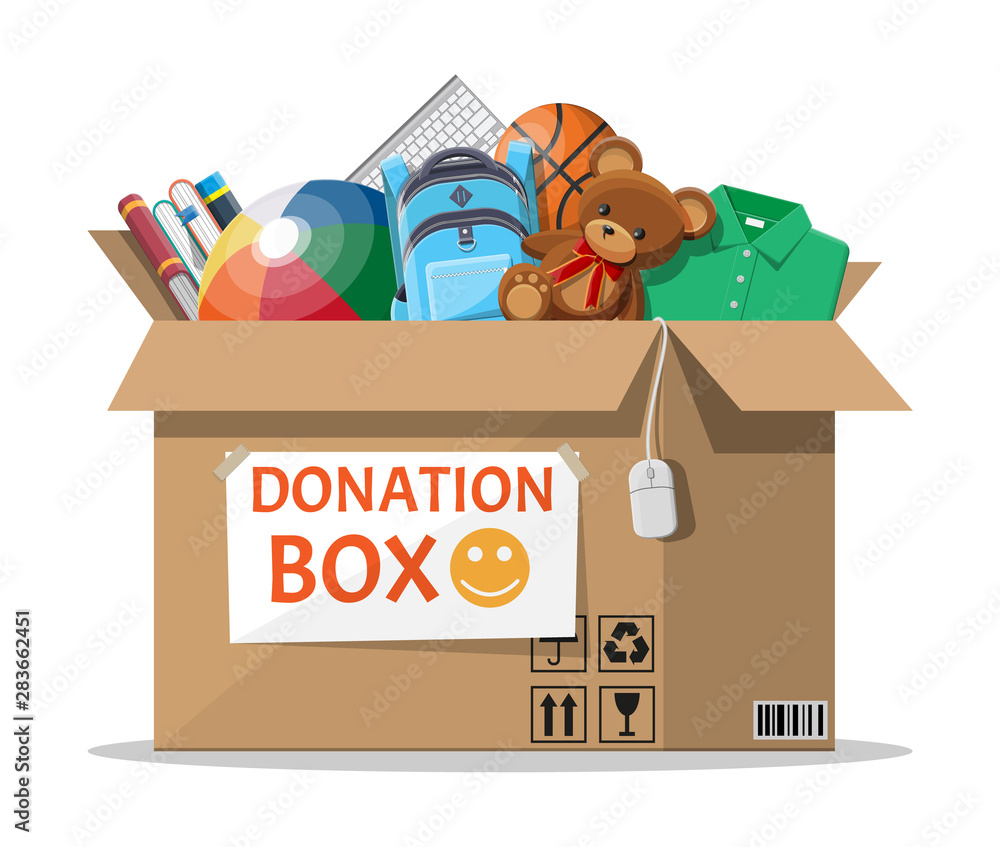 Cardboard Donation Box Full Of Toys Books Clothes And Devices Help