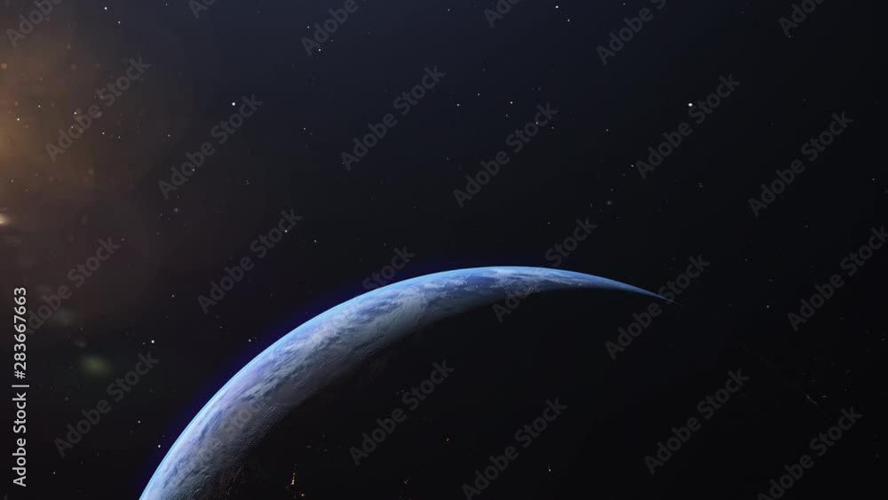 Slowly orbiting around a planet with the sun moving across the horizon ...