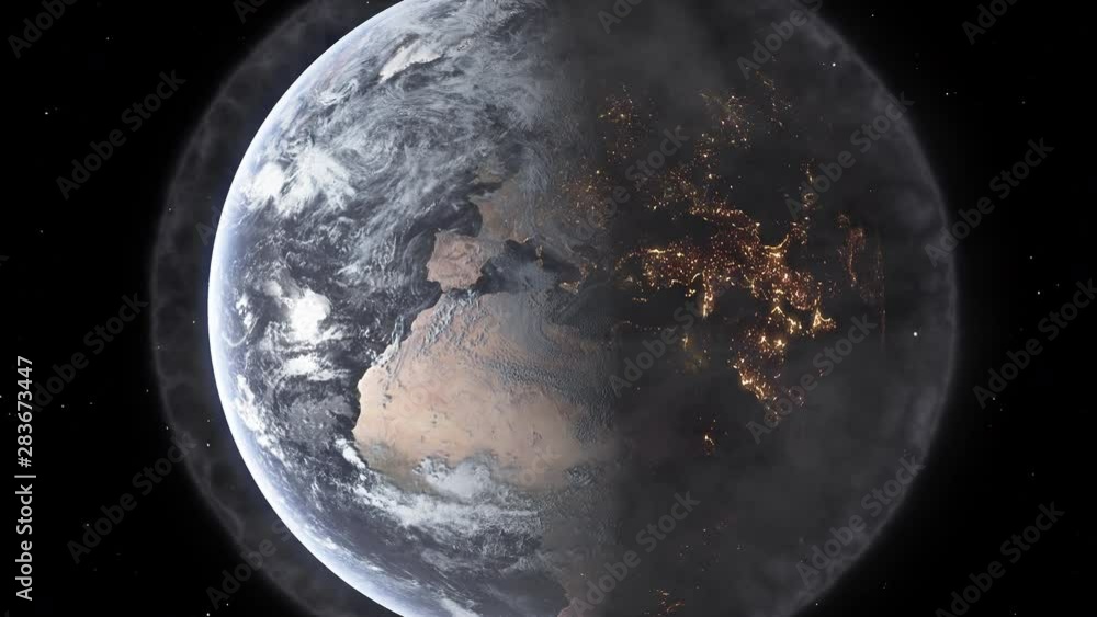 Thick pollution cloud surrounding the planet Earth as it rotates in ...