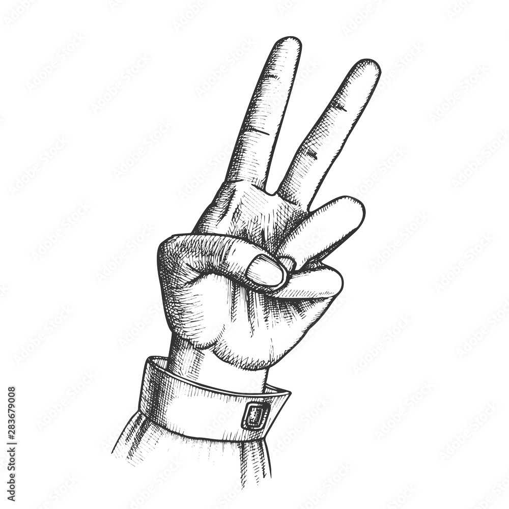 Hand Gesture Peace Symbol Two Finger Up Ink Vector. Woman Arm Gesture ...