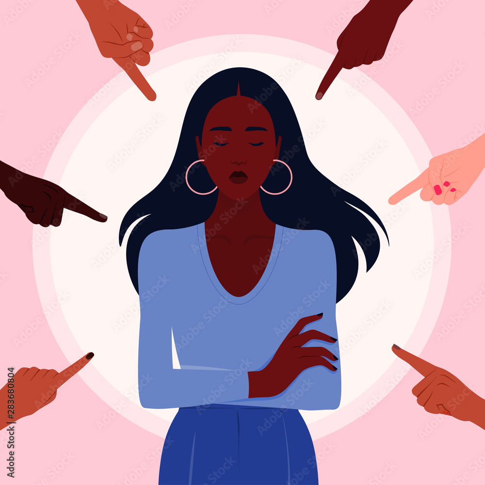 Shame. Hands of people of different nations point to the girl. Portrait ...
