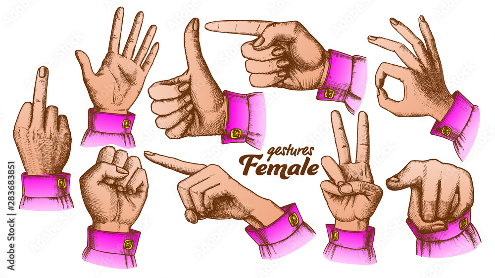 Color Multiple Female Caucasian Hand Gesture Set Vector. Collection Of ...