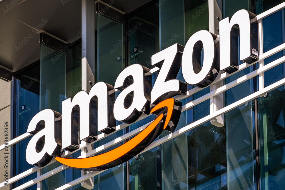 July 26, 2019 Palo Alto / CA / USA - Amazon logo on the facade of one ...