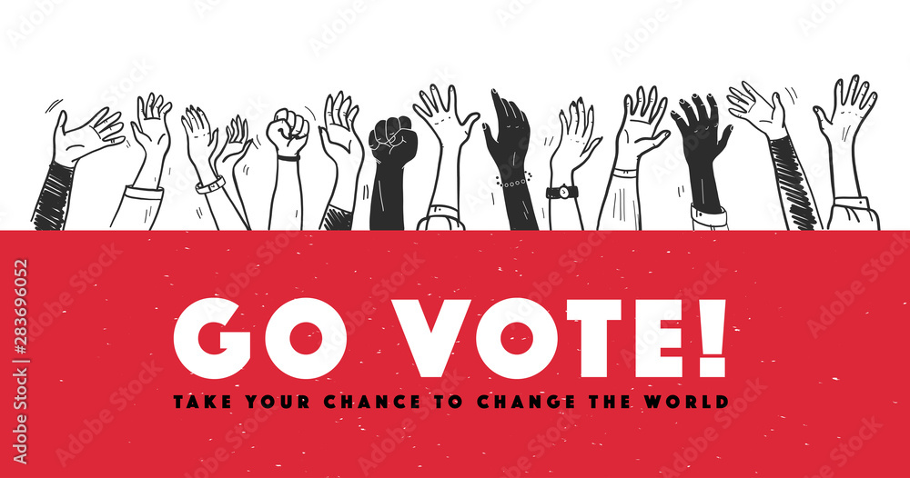 Vector vote illustration with hands raised up isolated on white ...