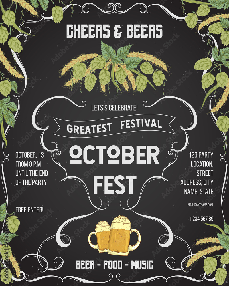 October fest beer festival. Cheers and beers invitation with hop, wheat ...