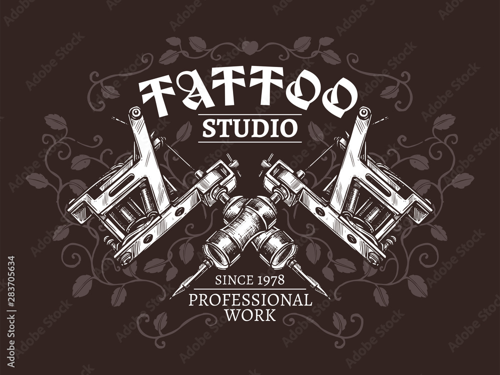 Design of poster for tattoo studio with two crossed tattoo machines in ...