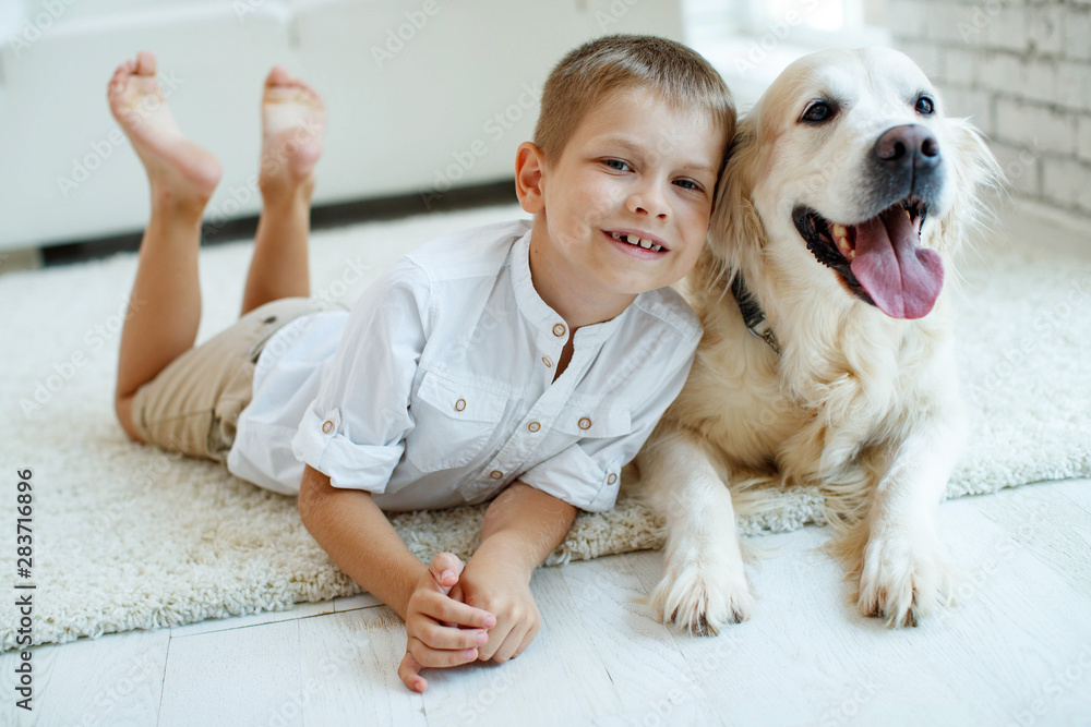 A child with a dog. Beautiful boy at home with a dog. Stock Photo ...