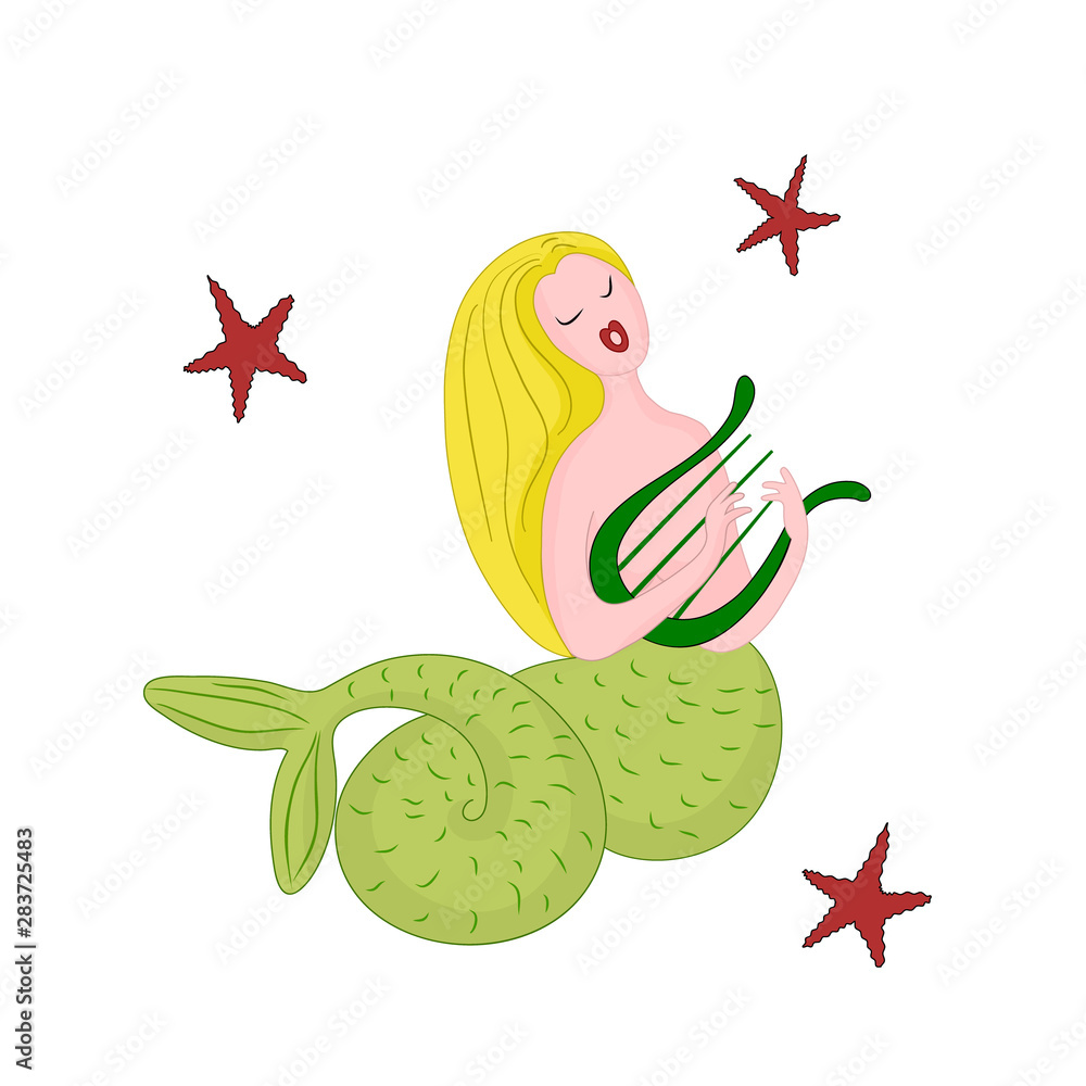 Singing mermaid with harp. Vector color cartoon illustration. Stock ...