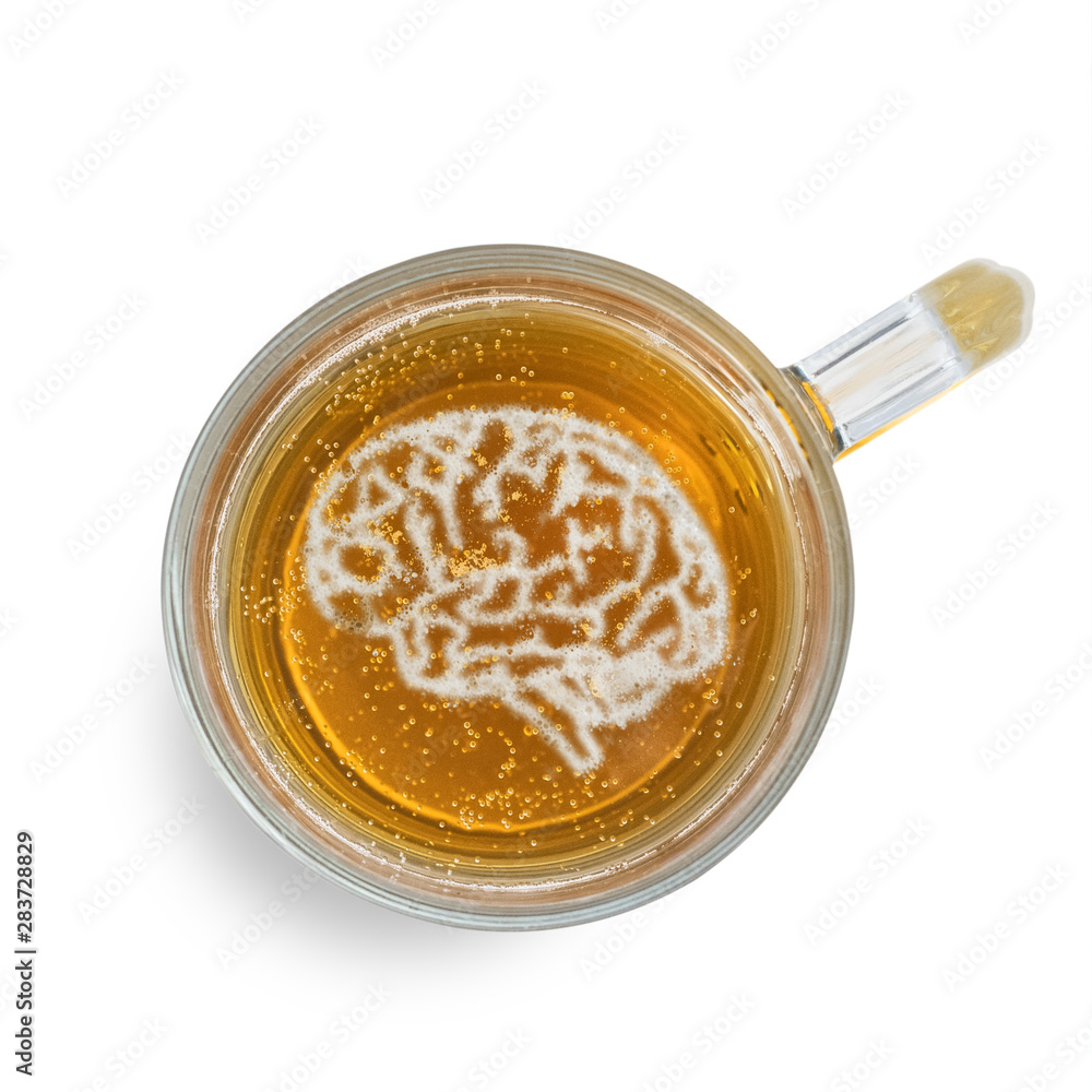 Sign human brain on the beer foam in glass isolated on white background ...