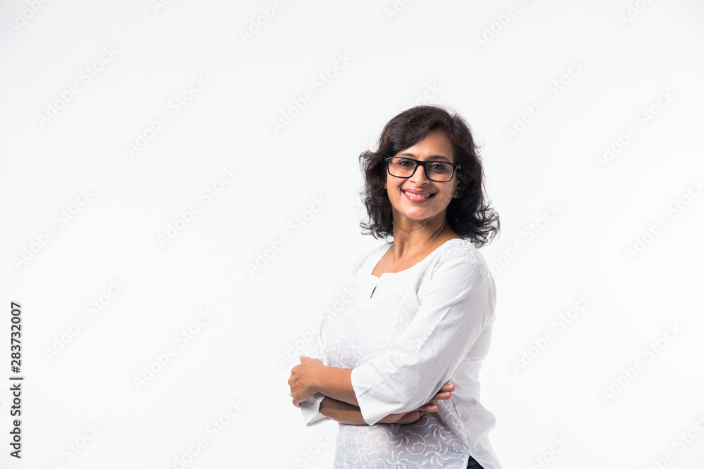 Indian Mid age women/lady's portrait, standing isolated over white ...