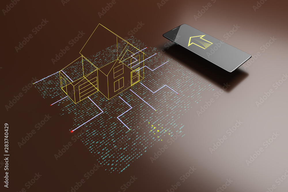 Smart house concept with house layout on binary code floor and mobile ...