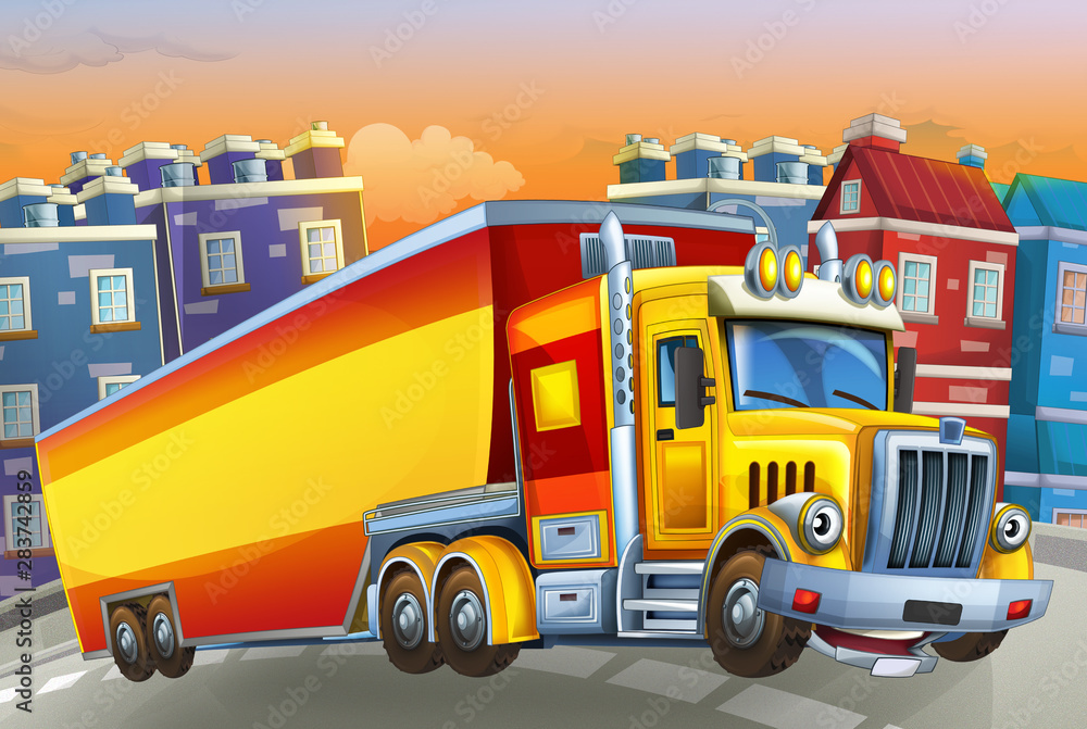 cartoon scene with big truck with truck trailer in the middle of a city ...