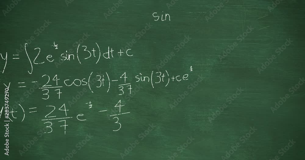 Mathmatical calculations written in chalk floating above green ...