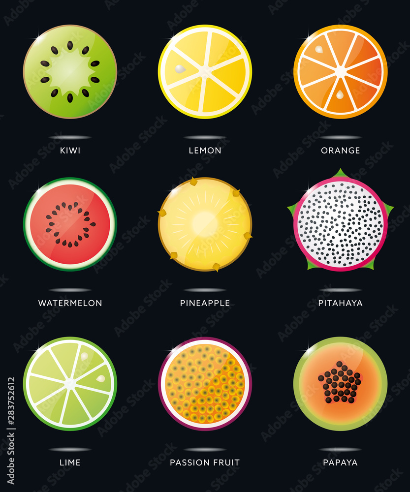Glossy tropical fruits cross-section icons vector illustration Stock ...