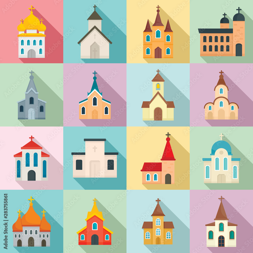 Church icons set. Flat set of church vector icons for web design Stock ...