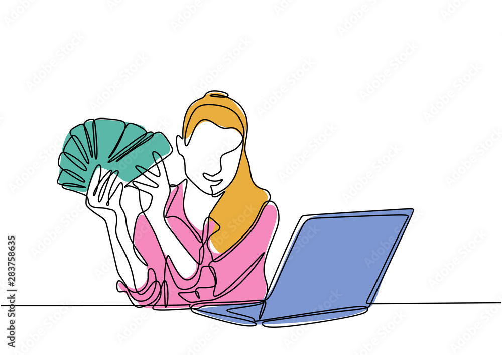 Continuous one line drawing of woman with a laptop holding lots of ...