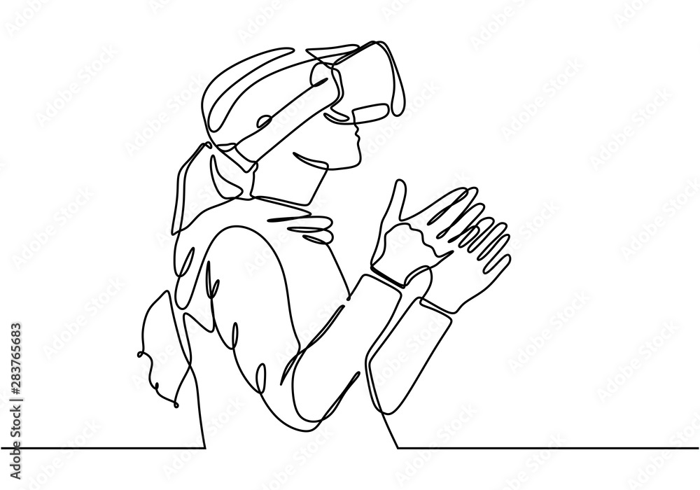 Continuous one line drawing of young girl with virtual reality glasses ...