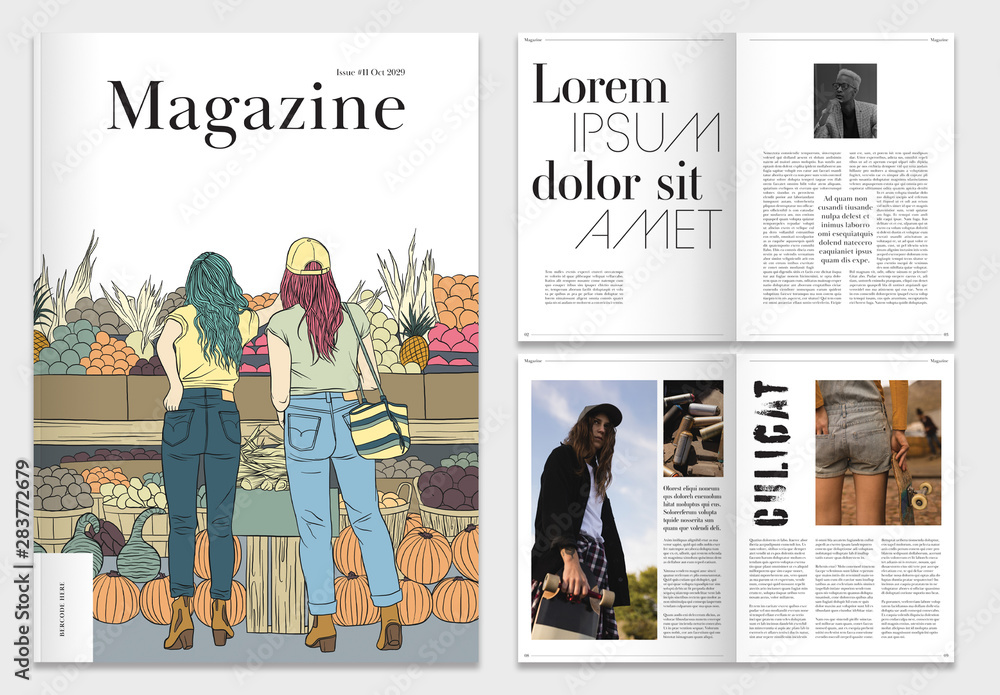 Magazine Layout with Illustrative Elements Stock Template | Adobe Stock