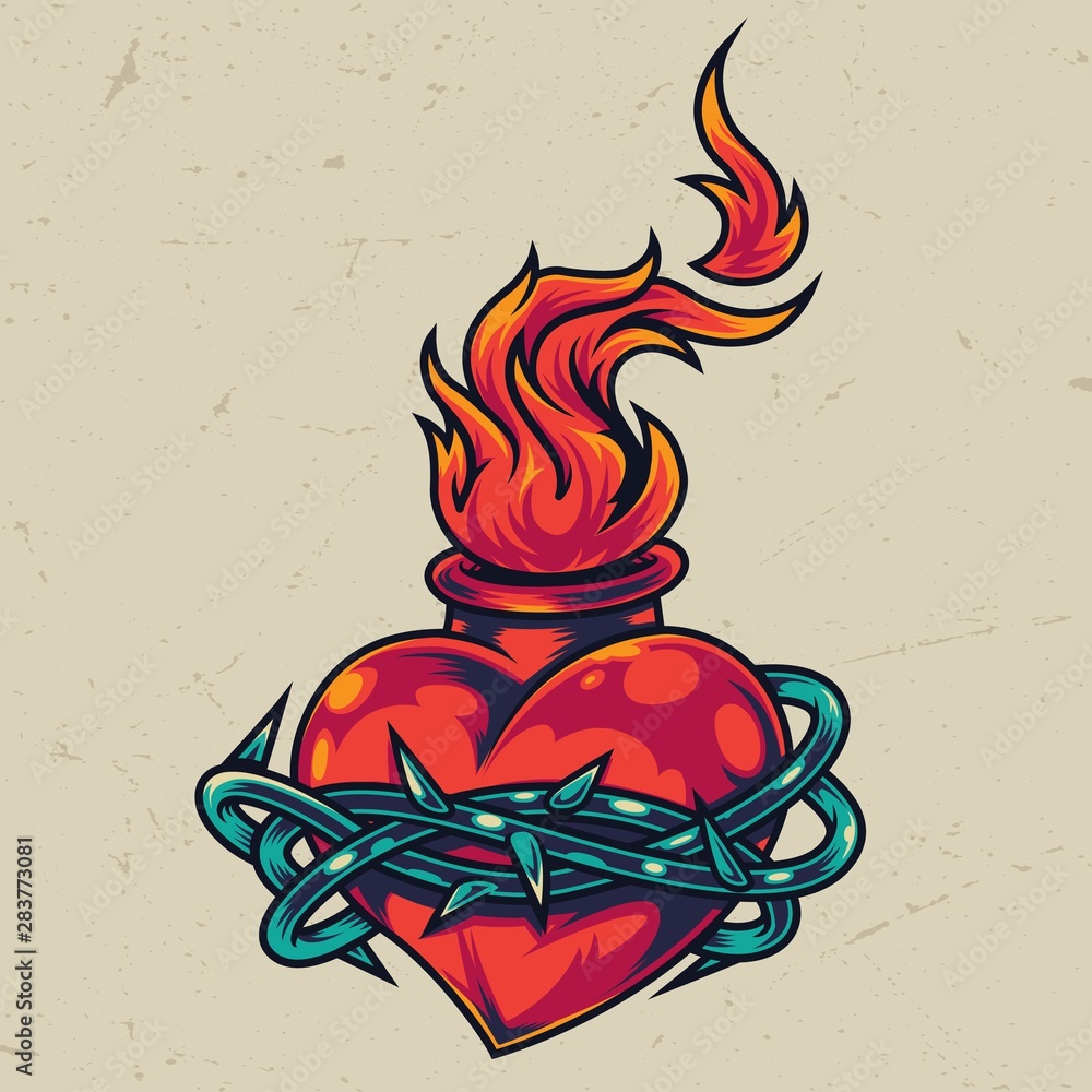 Vintage fiery heart colorful template Stock Vector | Adobe Stock