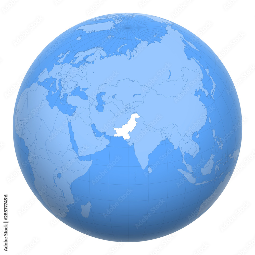 Pakistan on the globe. Earth centered at the location of the Islamic ...