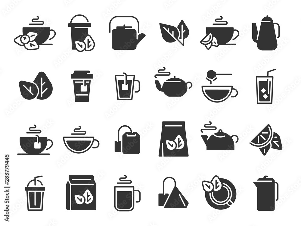 Black tea leaves icons. Hot drink cup, cold iced tea and teapot with ...
