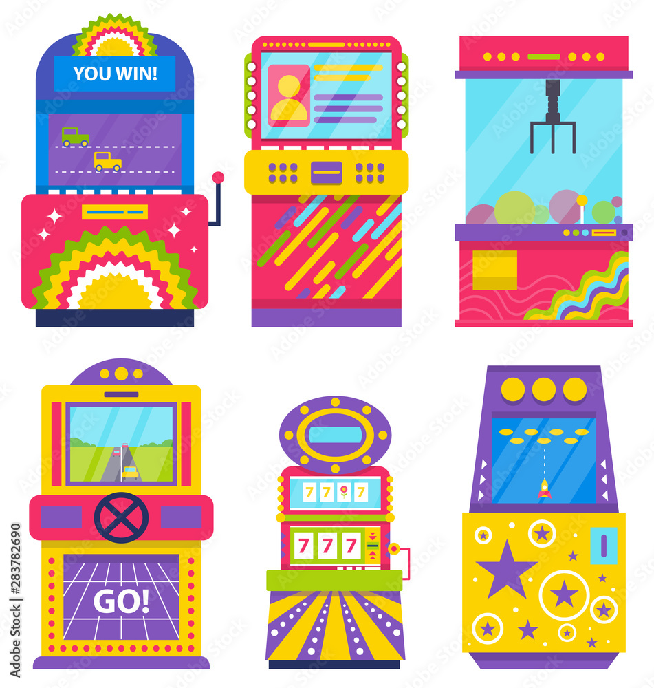 Set of different colorful retro arcade machines isolated on white. Game ...