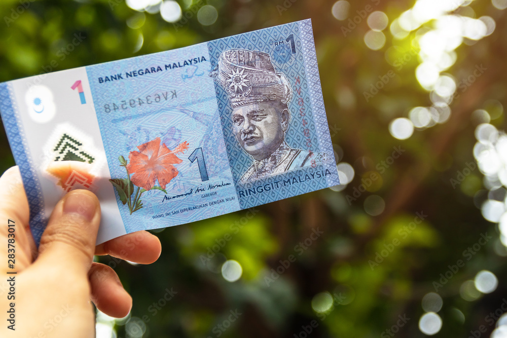 One Ringgit Malaysia bank note on hand isolated with nature green bokeh ...