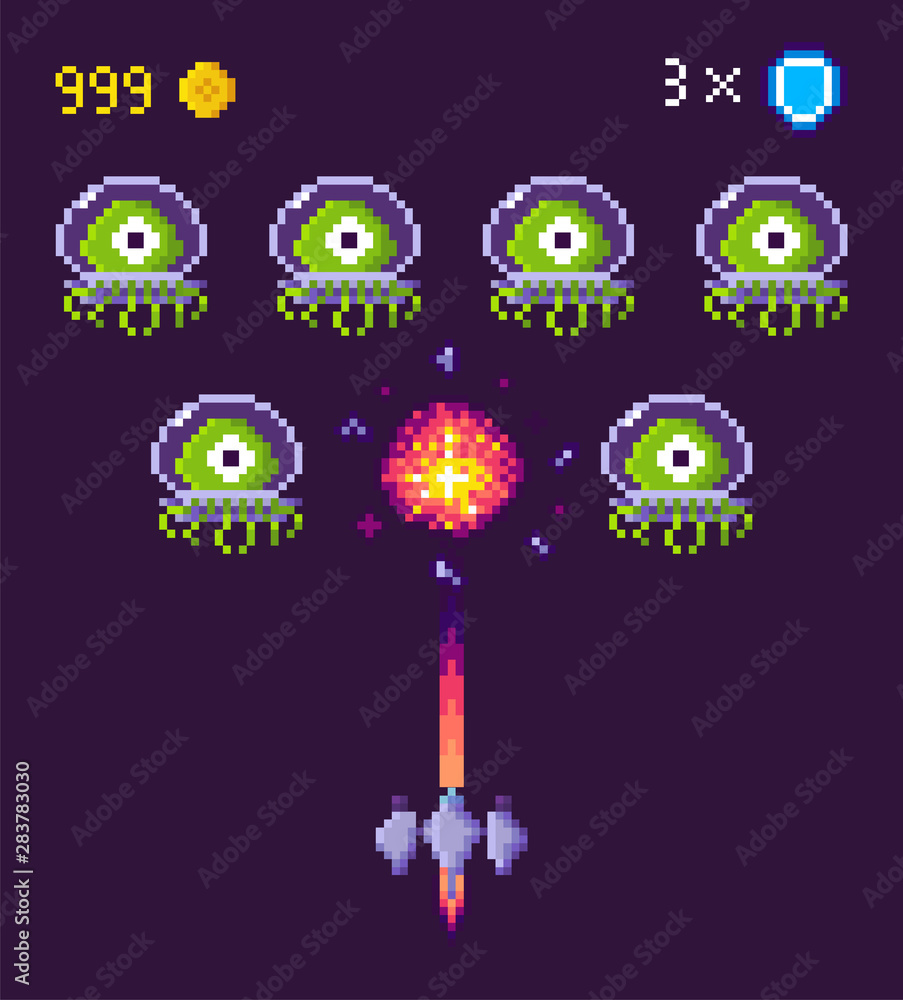 Spaceship and aliens fight pixel game vector. Pixelated characters and ...